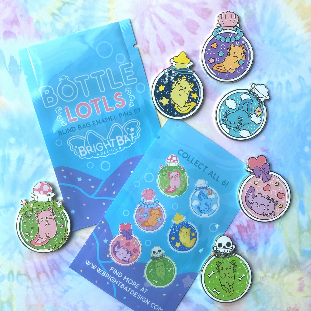 Bottle Lotl Blind Bag Enamel Pins – Bright Bat Design