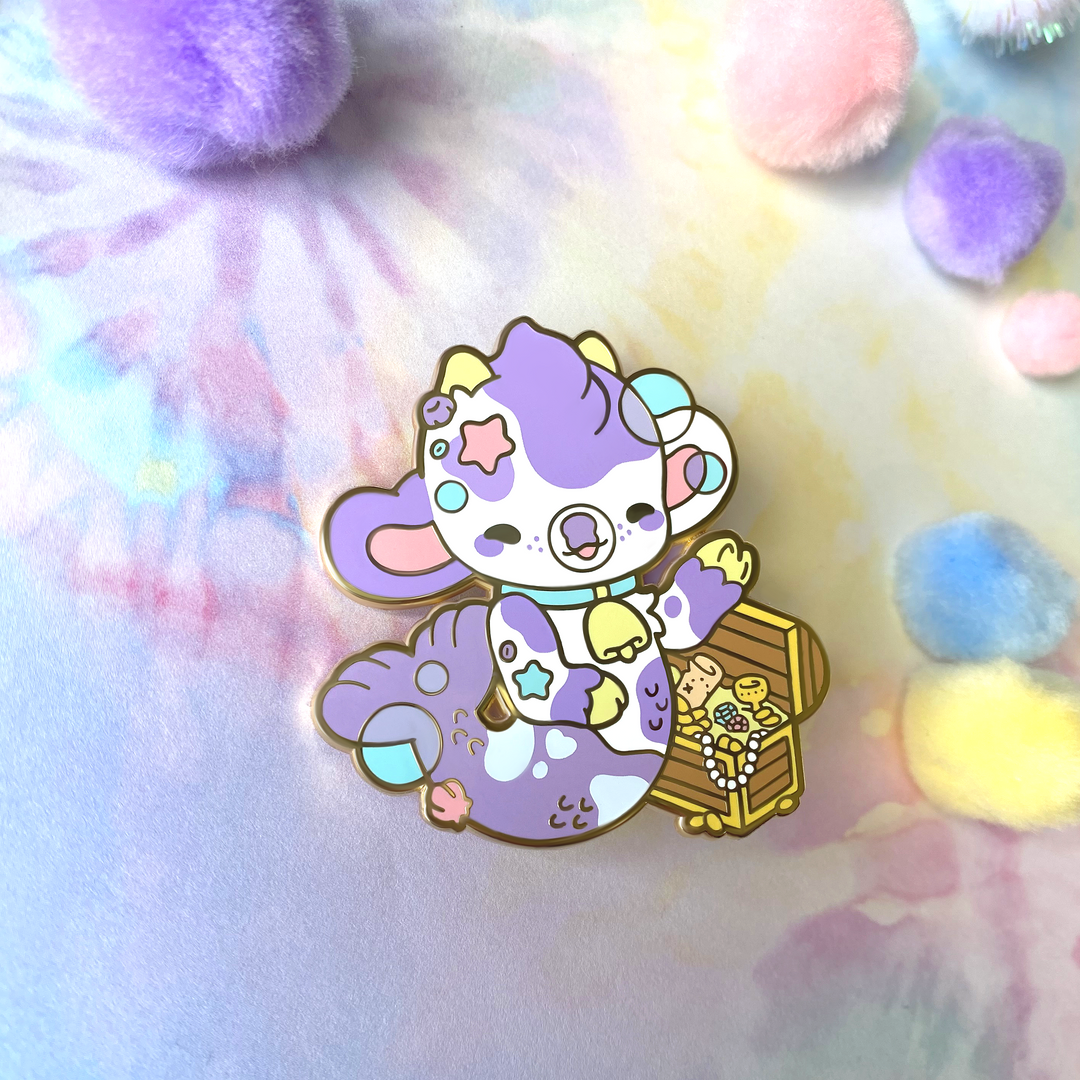 Pearl the Mermaid Cow Enamel Pin – Bright Bat Design