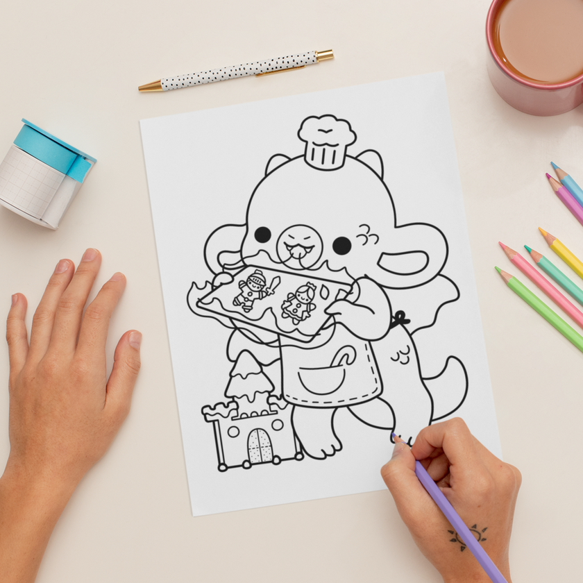 Gingerbread Dragon Coloring Page ( Digital Download ) – Bright Bat Design