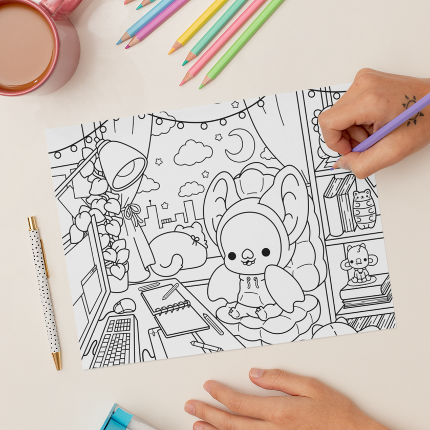 Lofi Bat Coloring Page ( Digital Download ) – Bright Bat Design