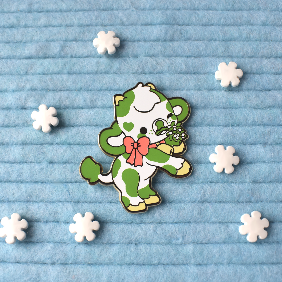 Smooch the Mistletoe Cow Enamel Pin – Bright Bat Design