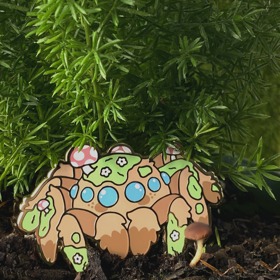 Mossy Spider Enamel Pin – Bright Bat Design