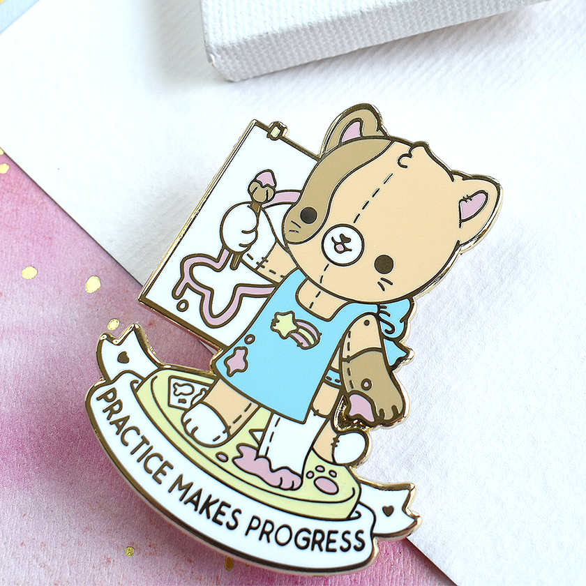 Practice Makes Progress Cat Artist Enamel Pin – Bright Bat Design
