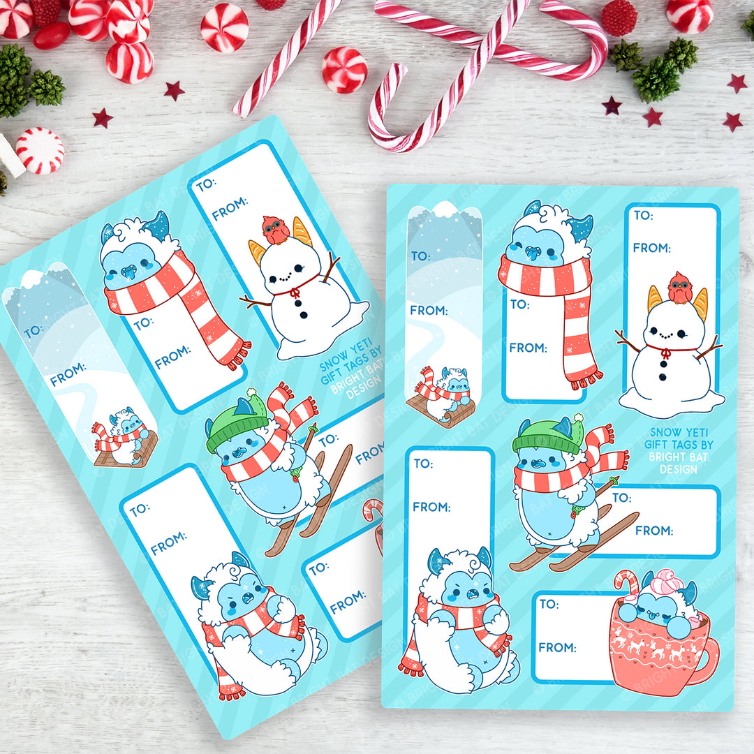 Snow Yeti Gift Tag Sheets (2 Pack) – Bright Bat Design