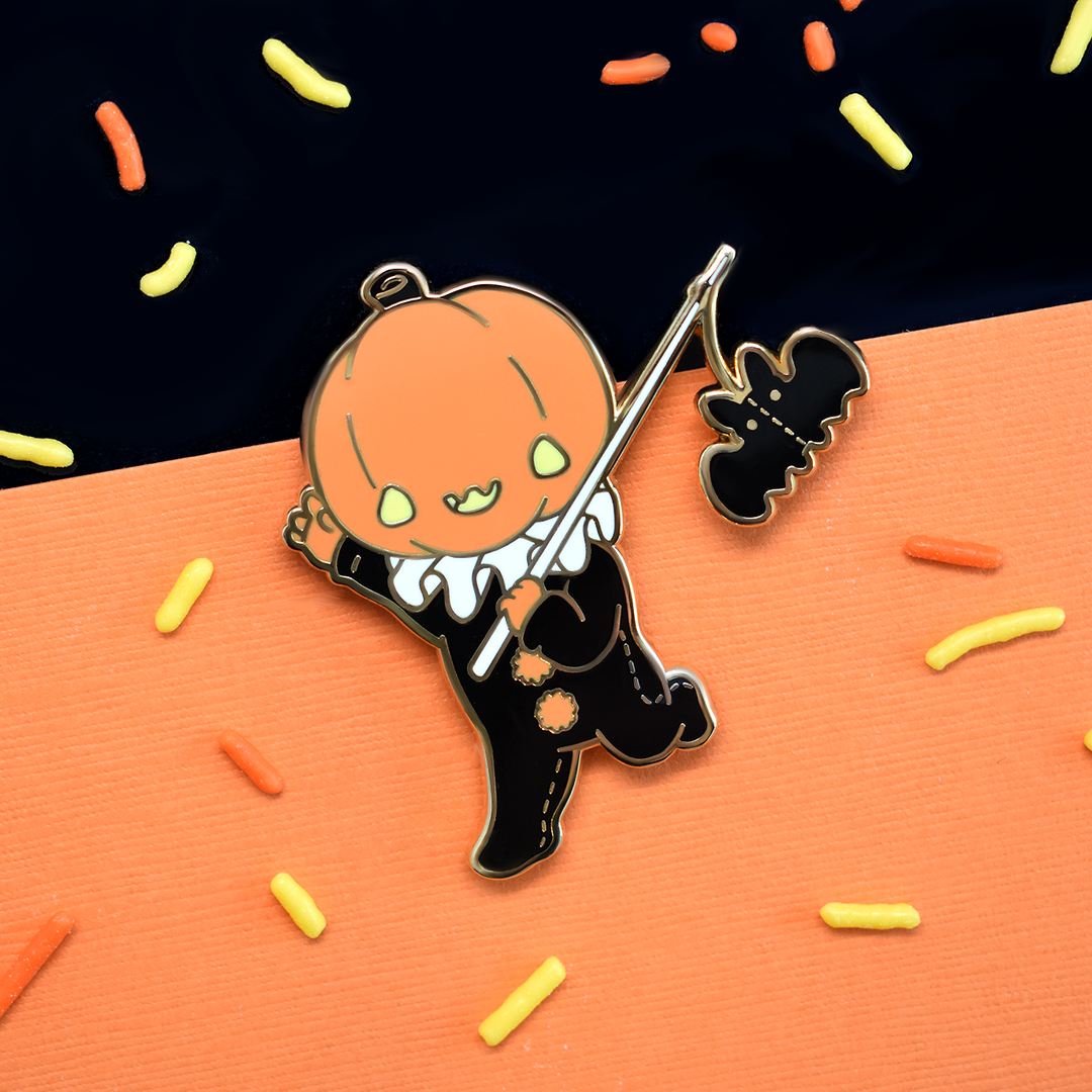 Vintage Halloween Pumpkin Boy Enamel Pin – Bright Bat Design