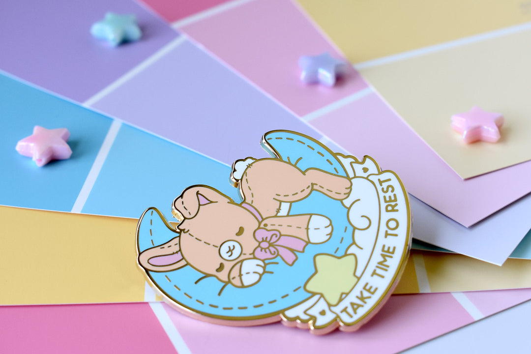Take Time To Rest Bunny Enamel Pin – Bright Bat Design