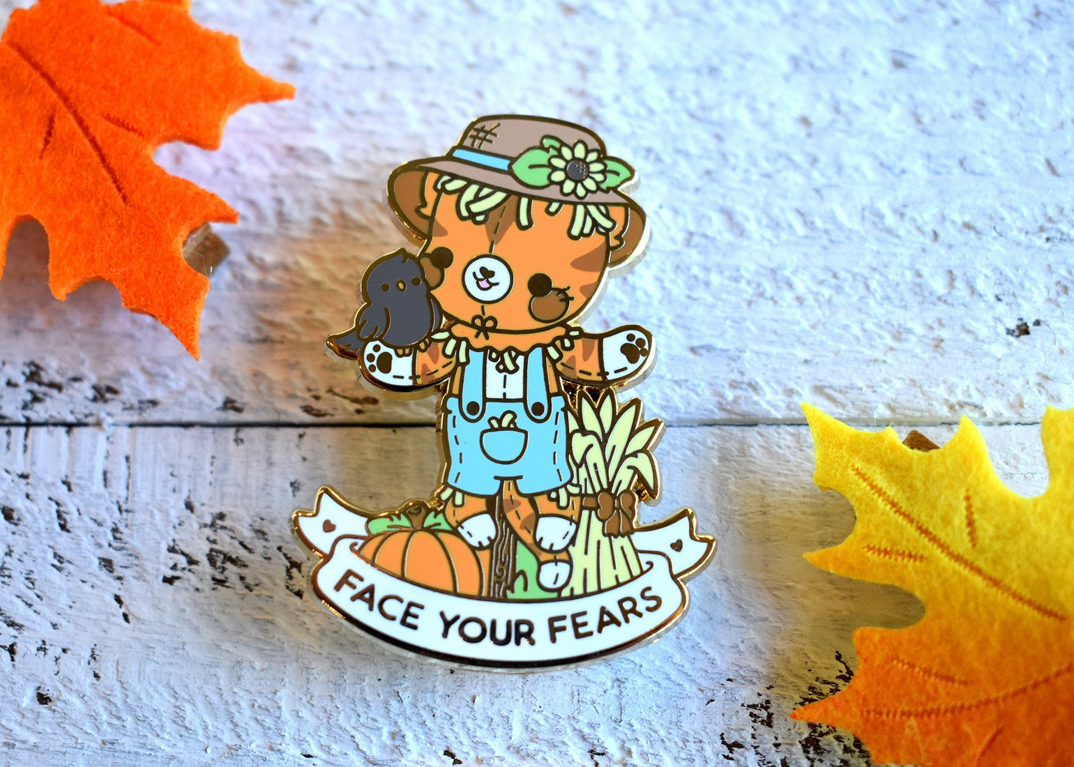 Face Your Fears Scarecrow Cat Enamel Pin – Bright Bat Design
